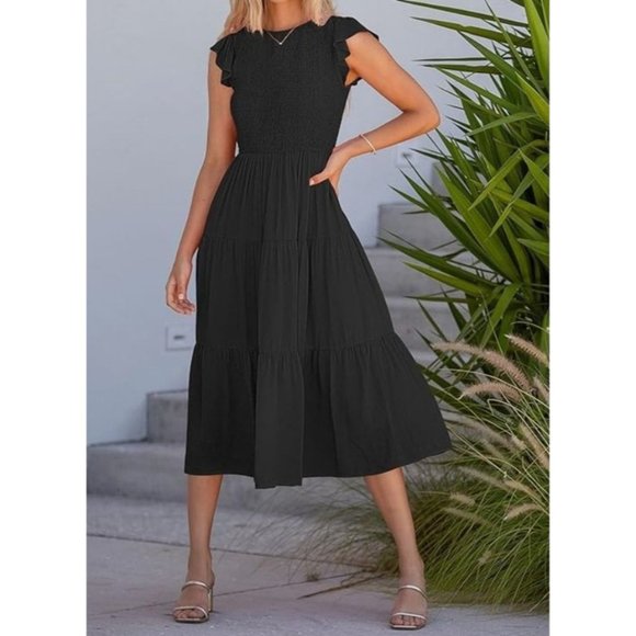 Merokeety | Dresses | Merokeety Womens Flutter Black Smocked Midi Dress ...